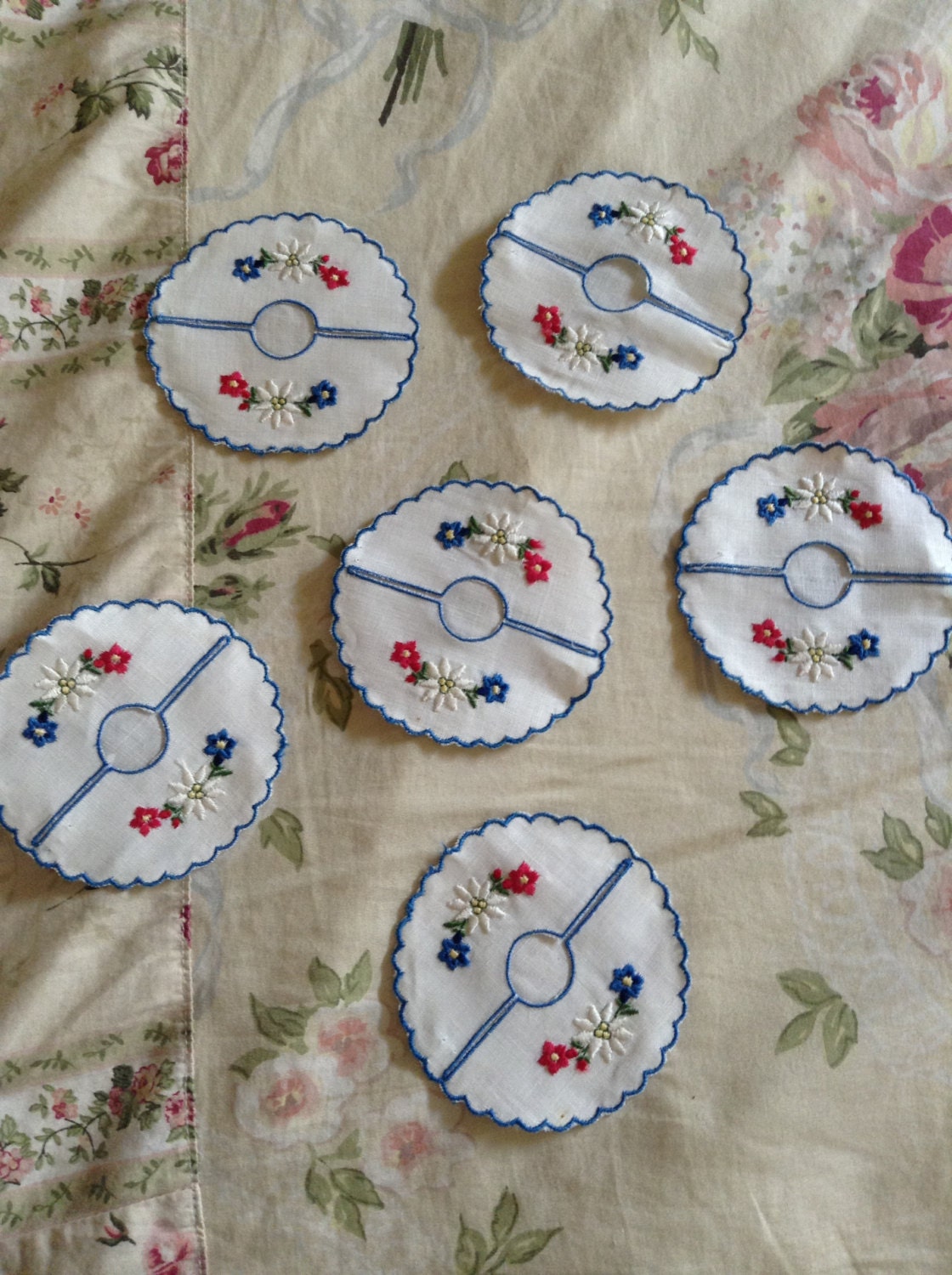 French Country Shabby Chic Set of Nine Hand Stitched Stemware Coasters ...
