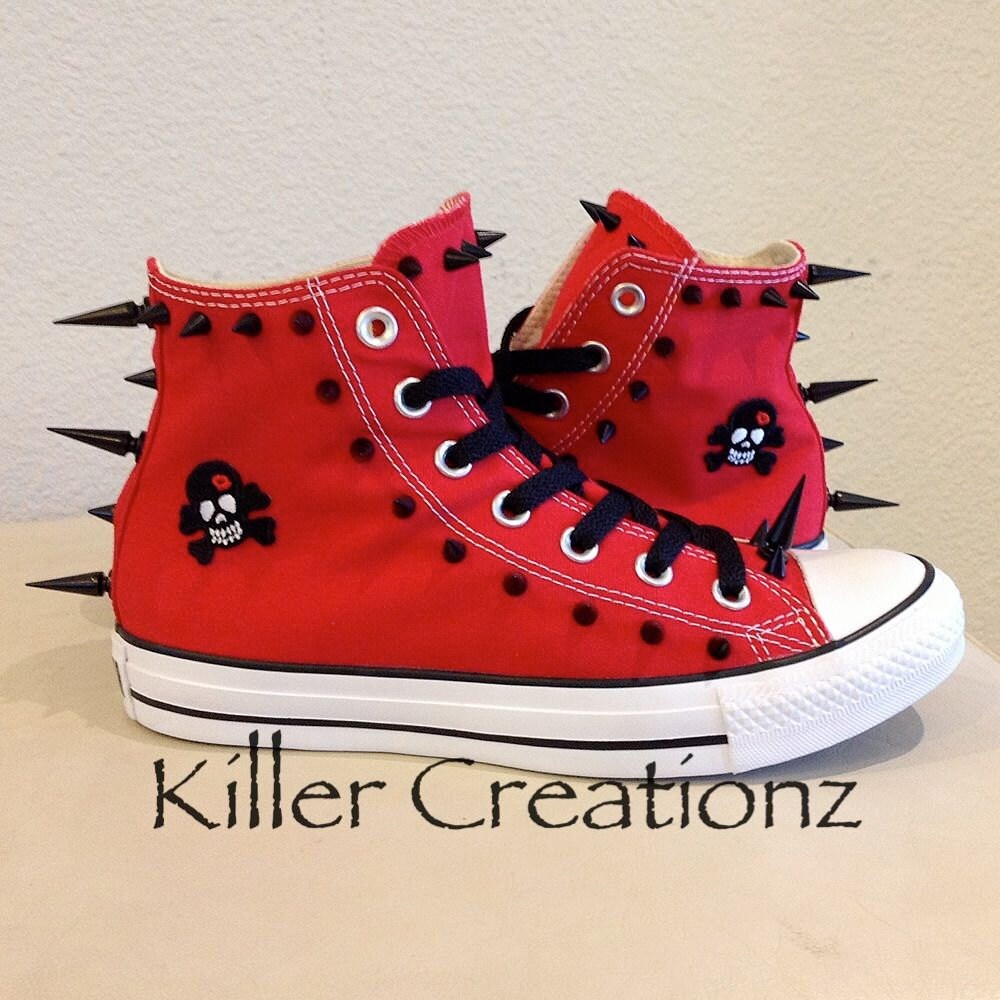 New Custom spiked red Converse Chuck Taylors with black spikes