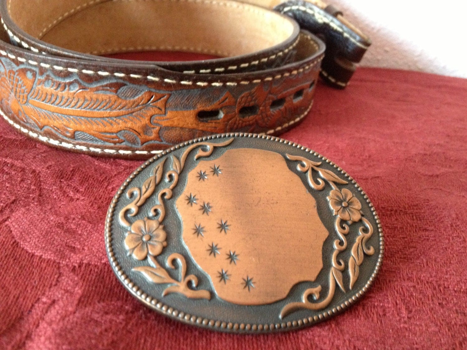 Men’s Western Belt Buckle, Copper Tone, Textured, Western Style, Flower ...