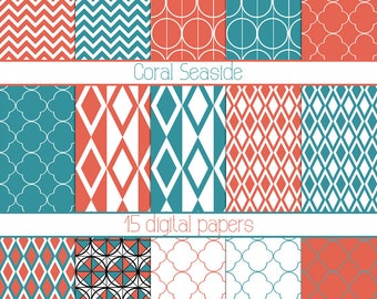 Items similar to Teal and Orange Patterned Digital Scrapbook Papers ...