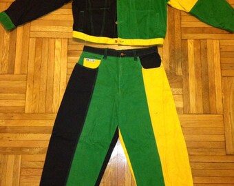 Vintage 90s RARE CROSS COLOURS denim jacket and jean rasta color Africa ...