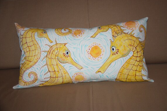 Items similar to Hand Painted Canvas Pillow. Painterly Seahorses. One ...