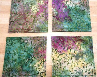 Batik Fabric Coasters Quilted Multi Colored Vines 4