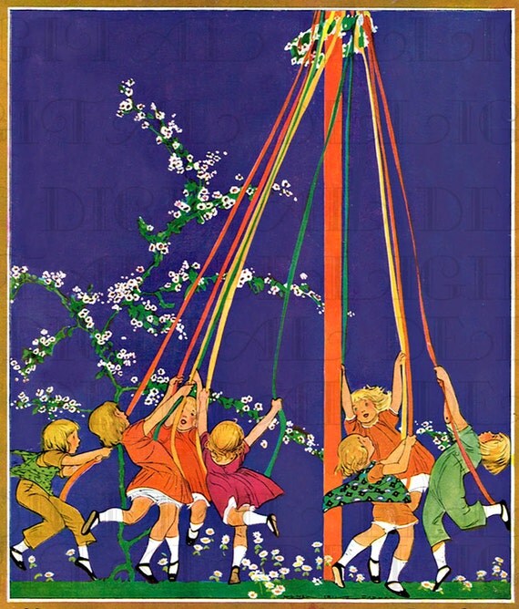 Colorful Children Around The May Pole. MAY DAY Vintage