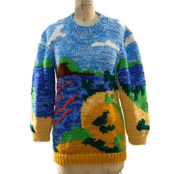SALE Hand Knit Landscape Sweater in Chunky Wool vintage