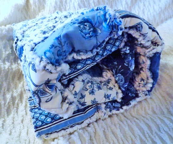 Blue and White Floral Rag Quilt Cottage Style Large Lap