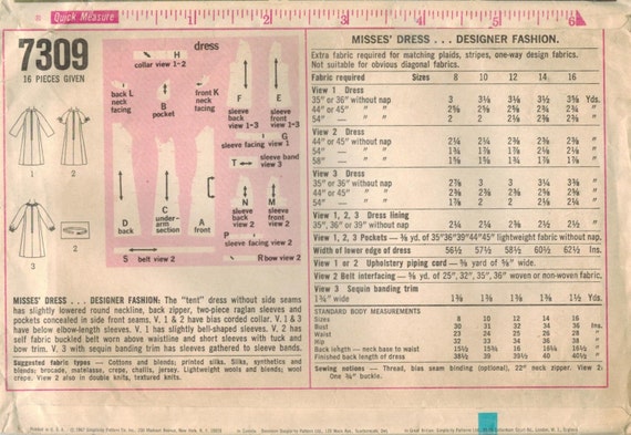 1960s Simplicity 7309 Vintage Sewing Pattern Misses Designer