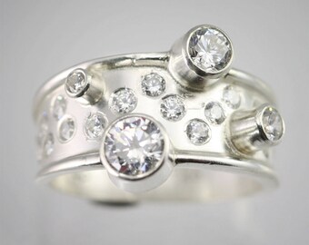 3 Stone Textured Ring 14K Genuine by LaineBenthalldesigns on Etsy