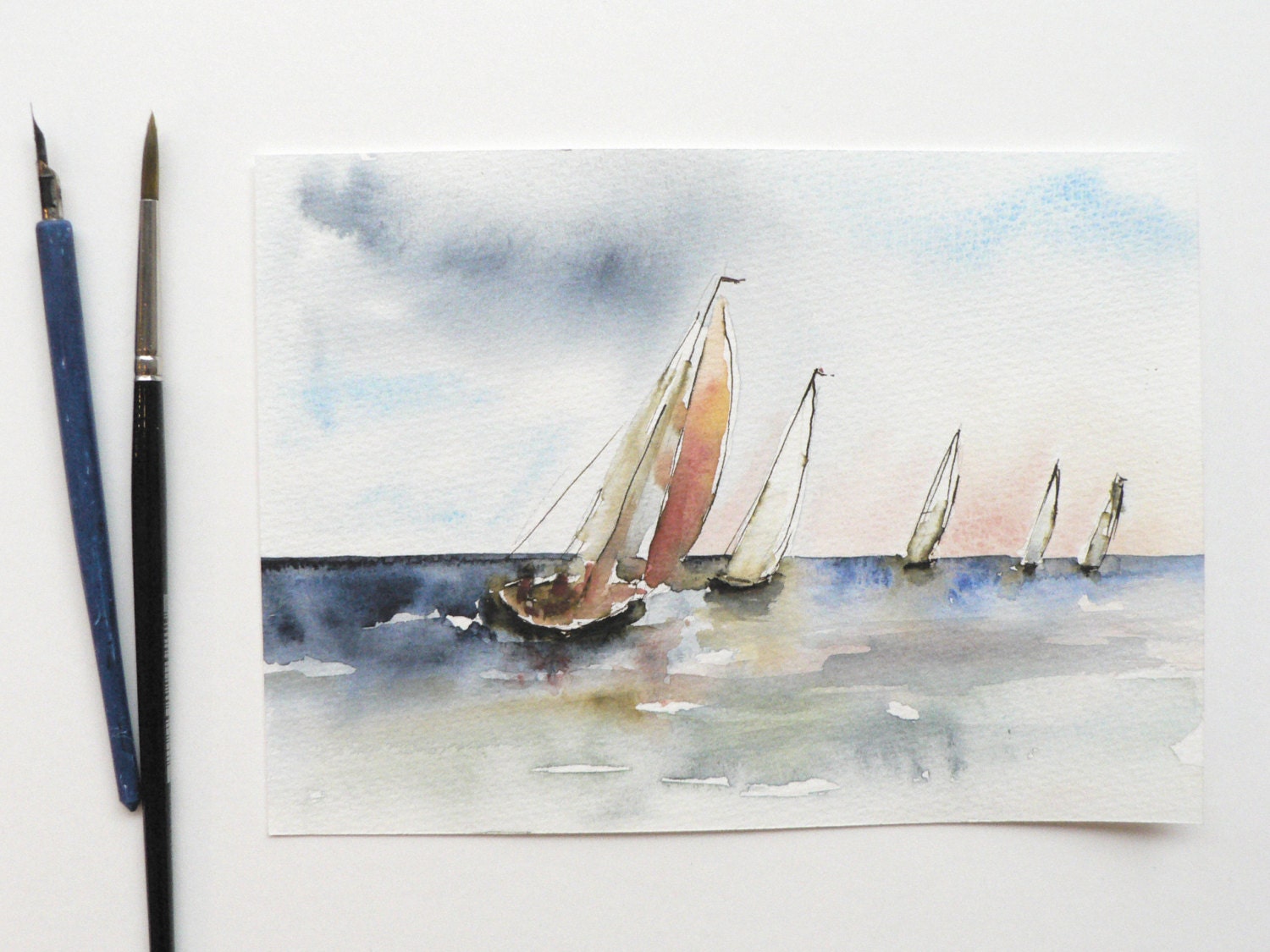 original watercolor painting of yacht sailing boats at sea