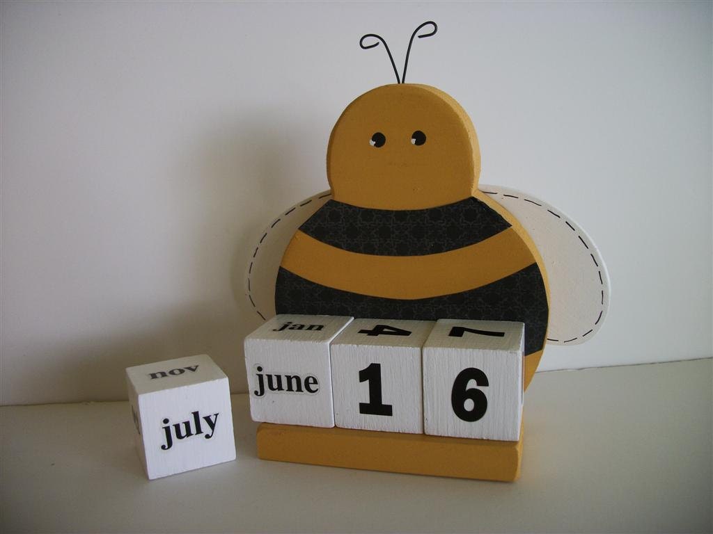 Yellow Bee Calendar Perpetual Wood Block Bumble Bee Decor