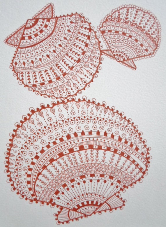 Items similar to Zen Shells Henna Doodles Beach Print 8 x 10 Coral ...