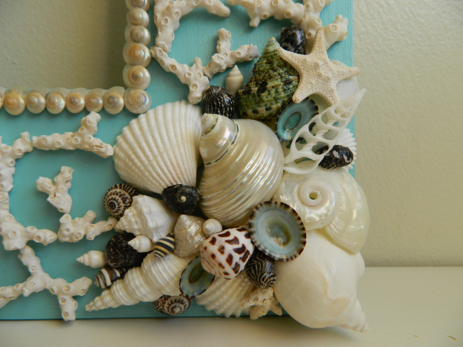 Tranquil Waters Aqua Frame with Shells and Coral OOAK