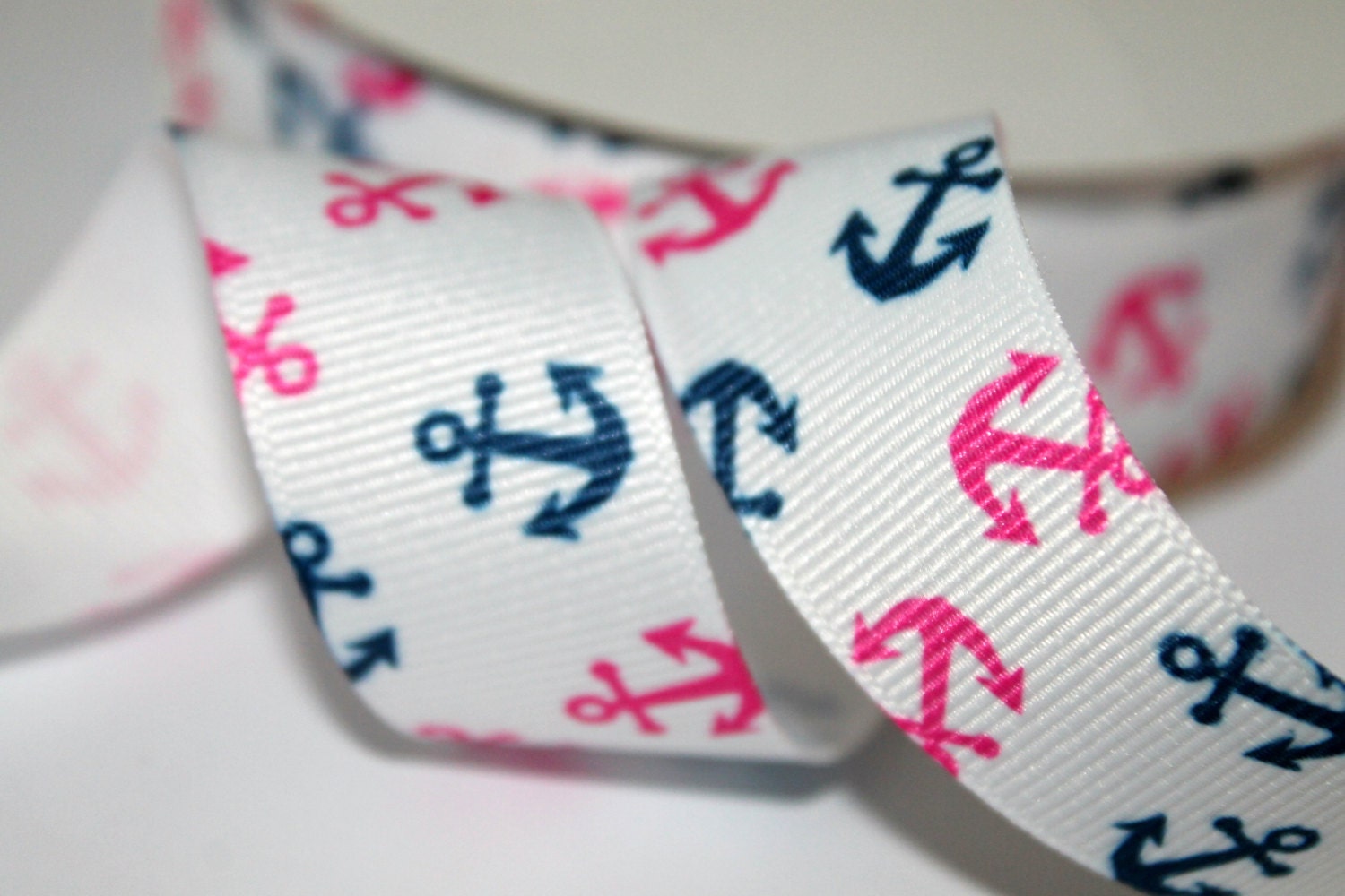 Anchor Ribbon Pink/Navy 7/8 inch wide 5 yards length by cinchbelts