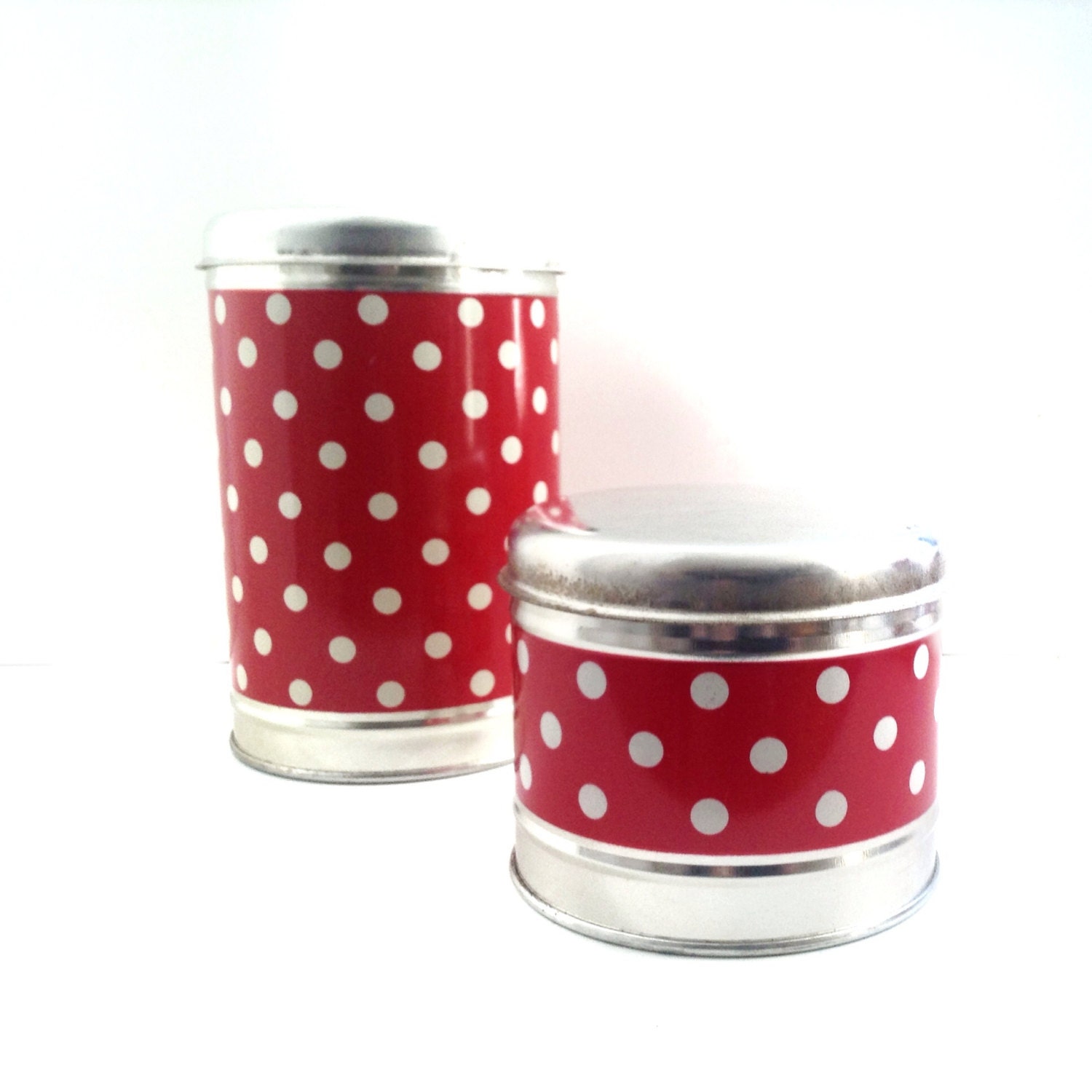 Polka dot tin containers. Use it for food storage, shadow boxes ...