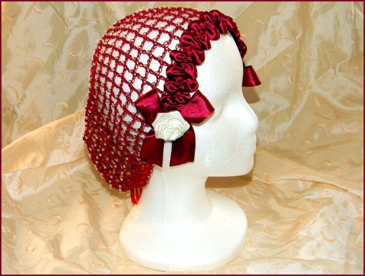 1800's Civil War Victorian Burgundy Snood with Pearls and