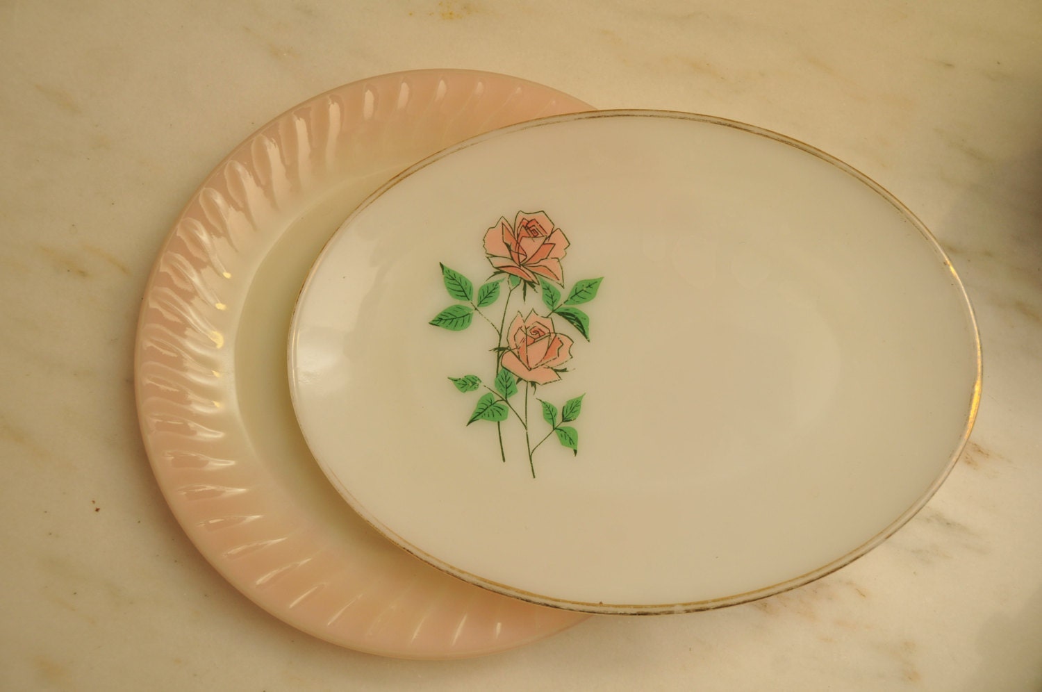 Mid Century Fire King Platters Pink with Roses Pair Oval and Round ...