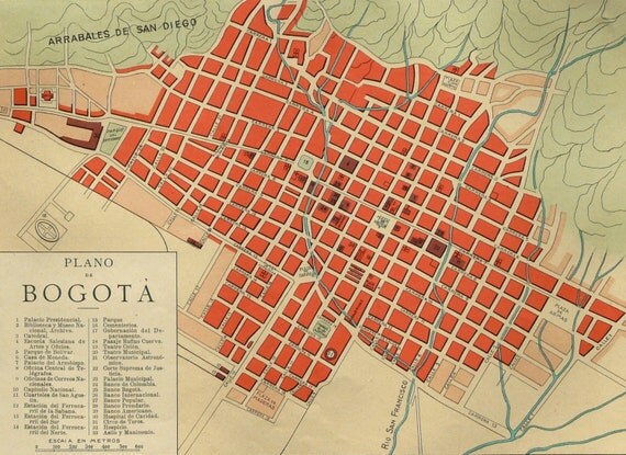 1900 Antique rare city map of BOGOTÁ by AntiquePrintsOnly on Etsy