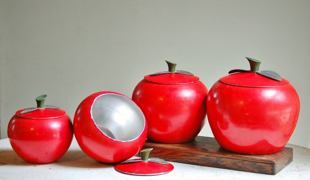 Vintage Metal Apple Canister Set Bright Red Aluminum