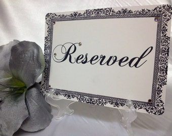 Damask "RESERVED" signs 5x7 with display stand- PERSONALIZED