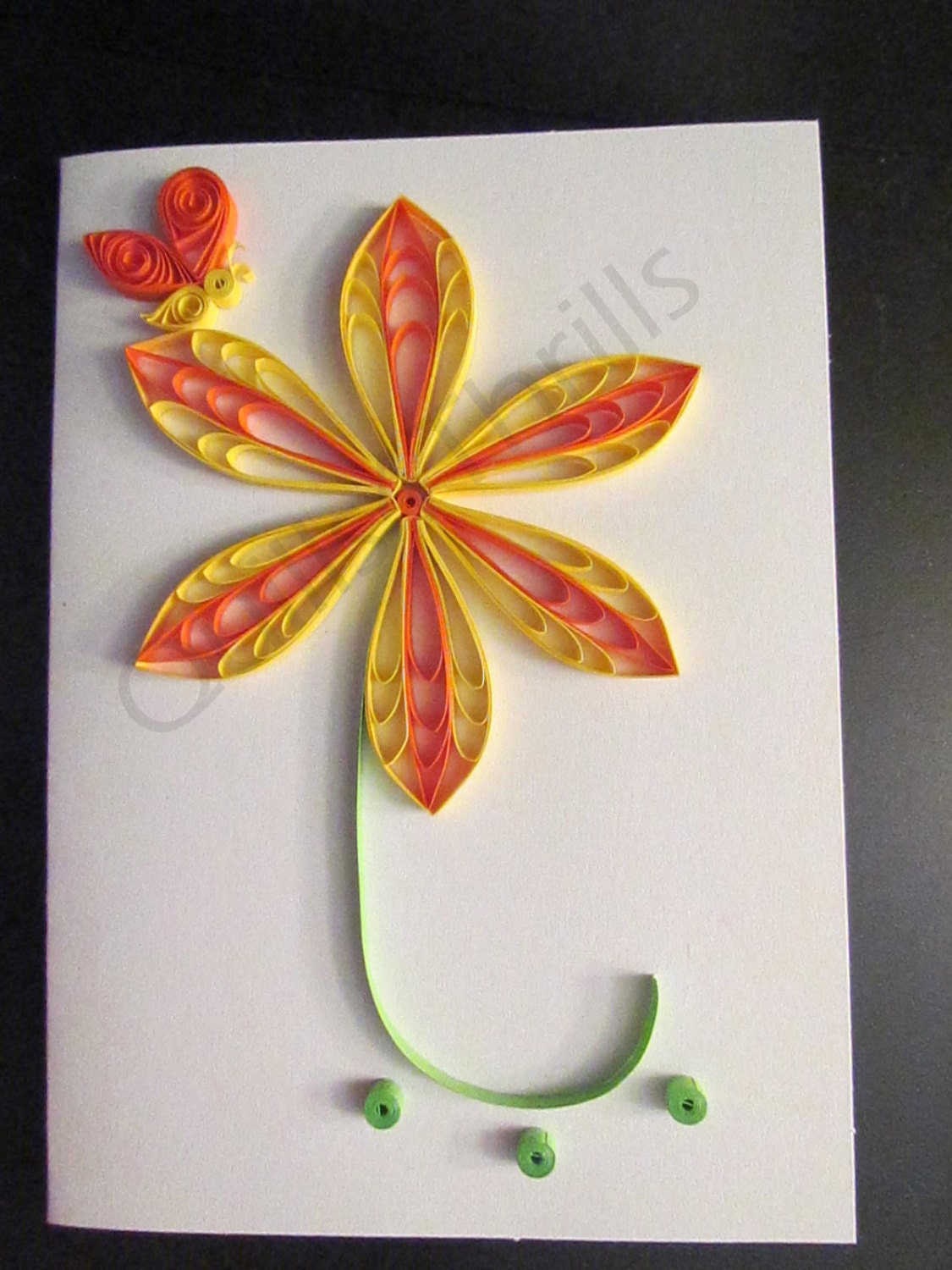 Quilled Orange/Yellow Flower with Butterfly and by Quills4Thrills
