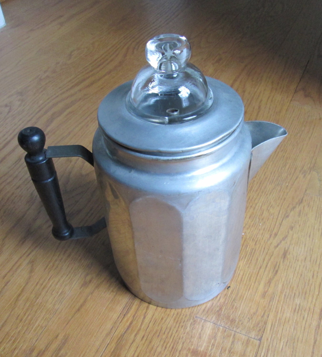 Vintage Pure Aluminum Stovetop Coffee Percolator With Wooden