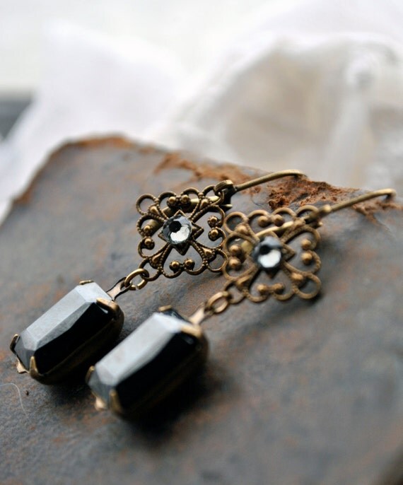 Angular Hematite Dangle Earrings In Antique Gold Filigree