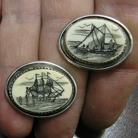 Vintage SCRIMSHAW SHIP Cufflinks Sterling Silver Ivory