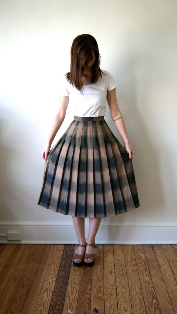 Vintage Skirt 70s High Waist Pleated Plaid Skirt Schoolgirl