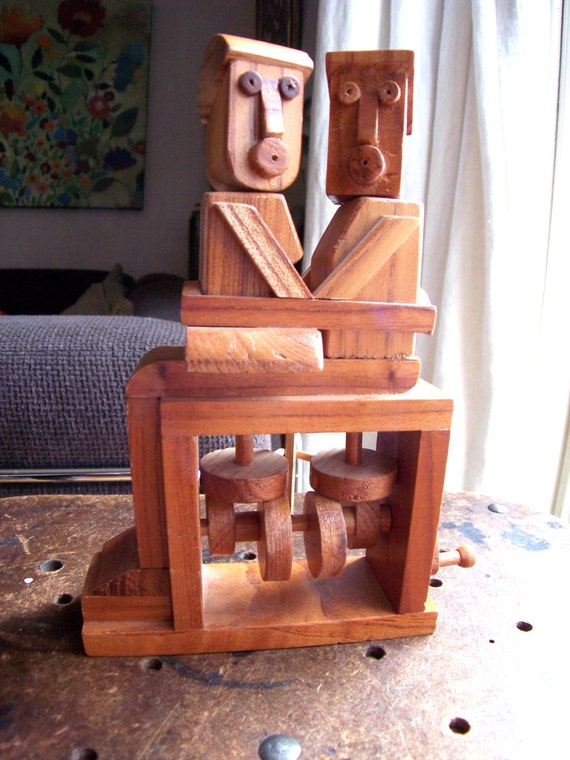 Vintage Automata Wooden Kissing Couple Robot Sculpture