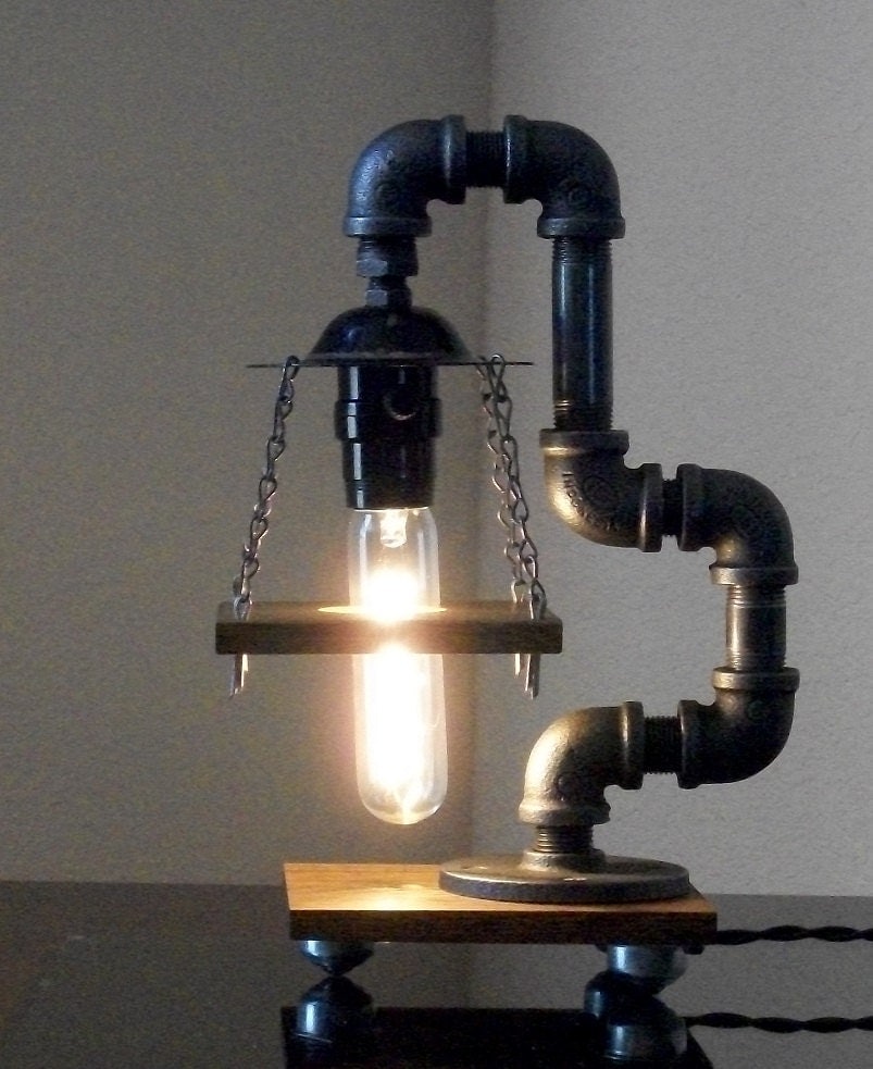Industrial Art Black Pipe Table Desk Lamp with Reclaimed