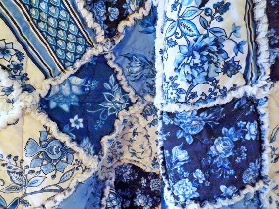 Blue and White Floral Rag Quilt Cottage Style Large Lap