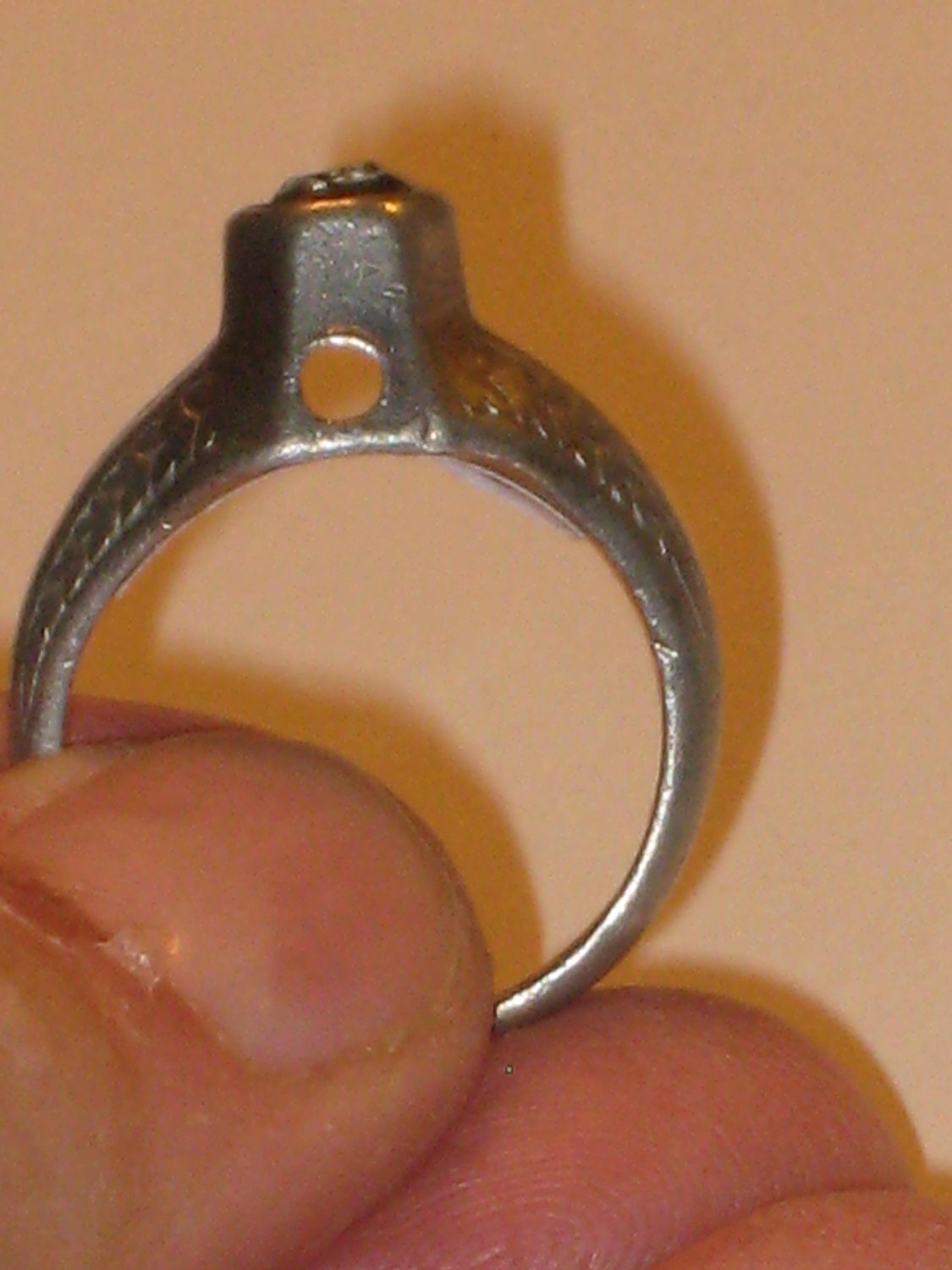 Antique Victorian Stanhope Ring Pewter and Glass Diamond