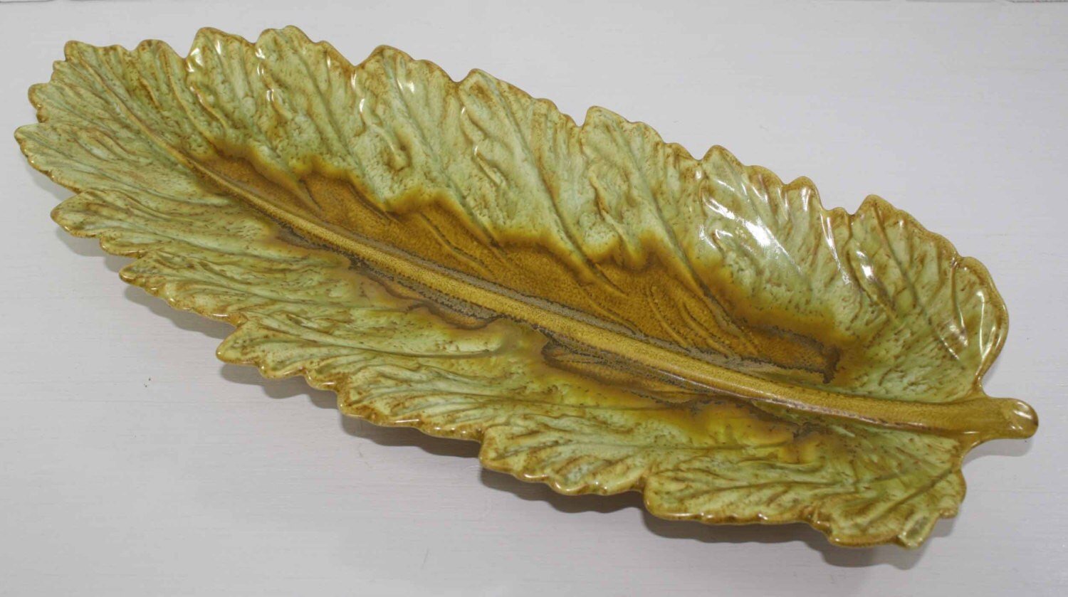 Vintage 19″ Ceramic Leaf Display Serving Dish Platter Chartruse Green ...