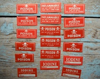 Set of Vintage Poison Labels Gummed Labels Red and White