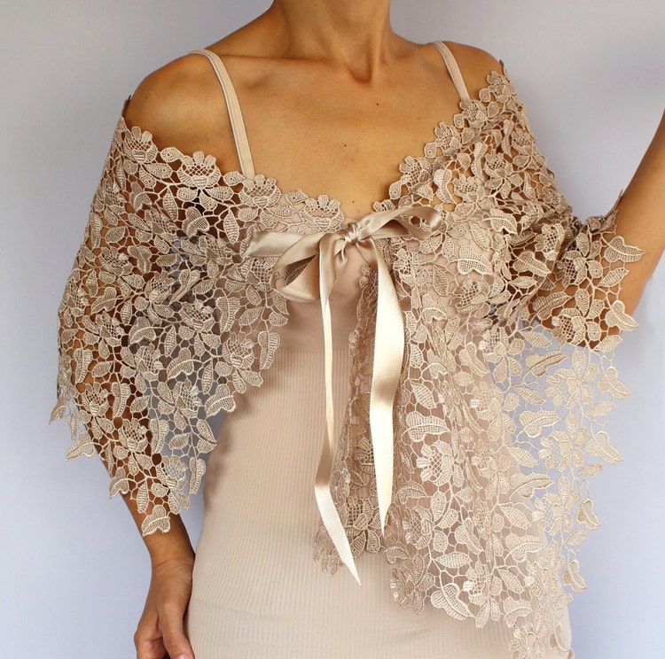 Ecru Beige Lace Capelet: Bridal Top Wear Shrug. by MammaMiaBridal