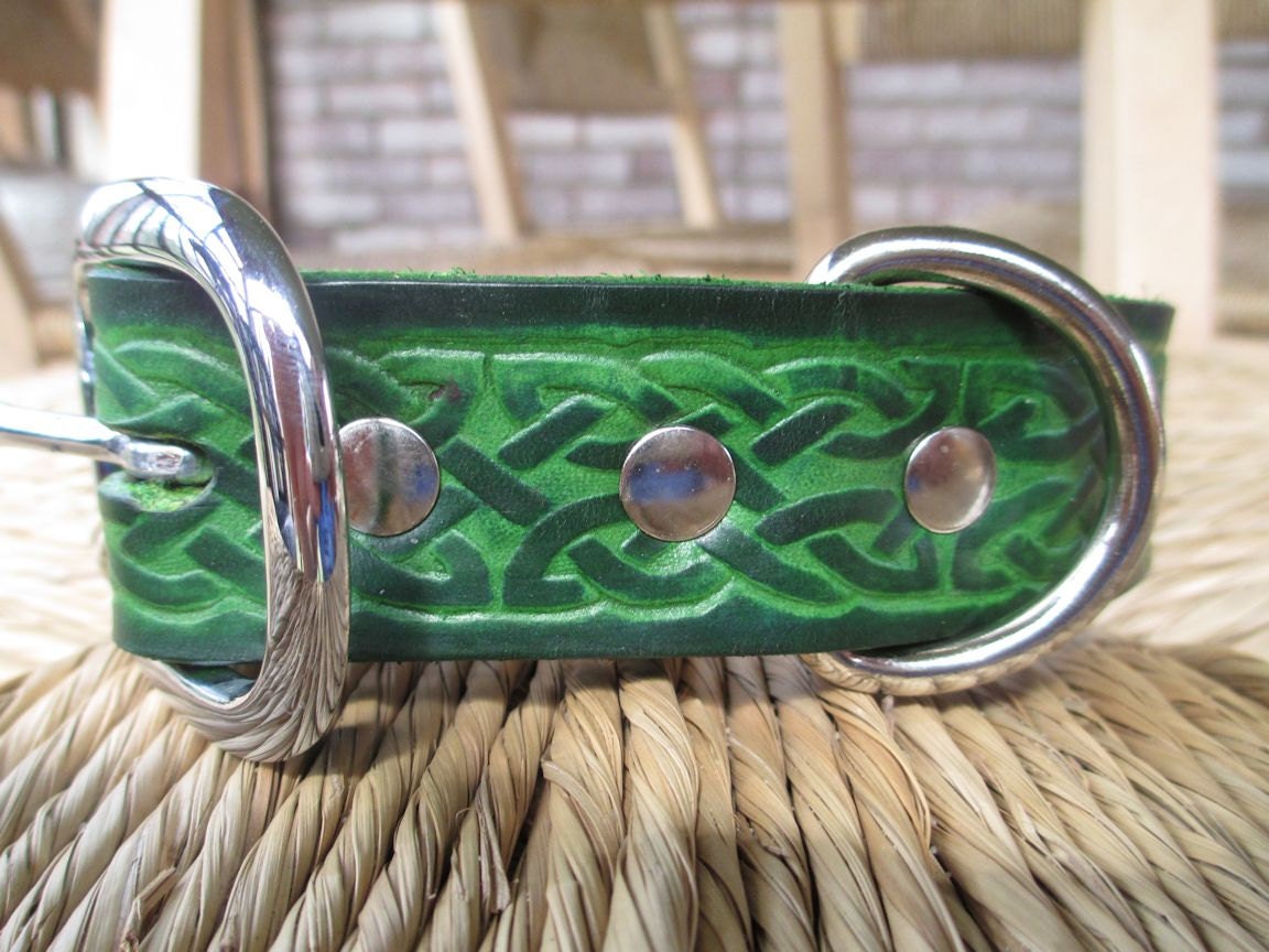Celtic Leather Dog Collar. 1 1/4 Deep Forest Green