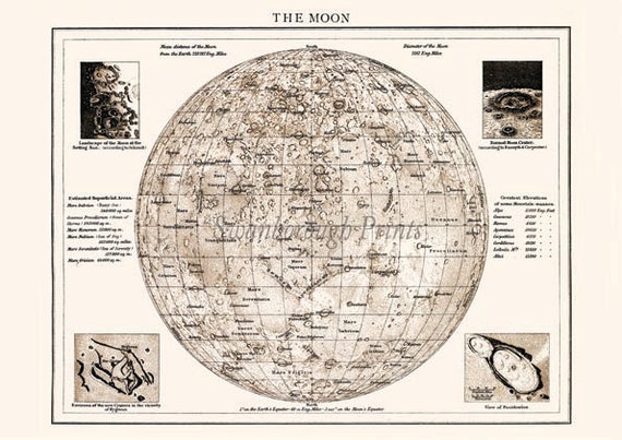 Moon Map detailed print with smaller views of Moon craters - gift for ...