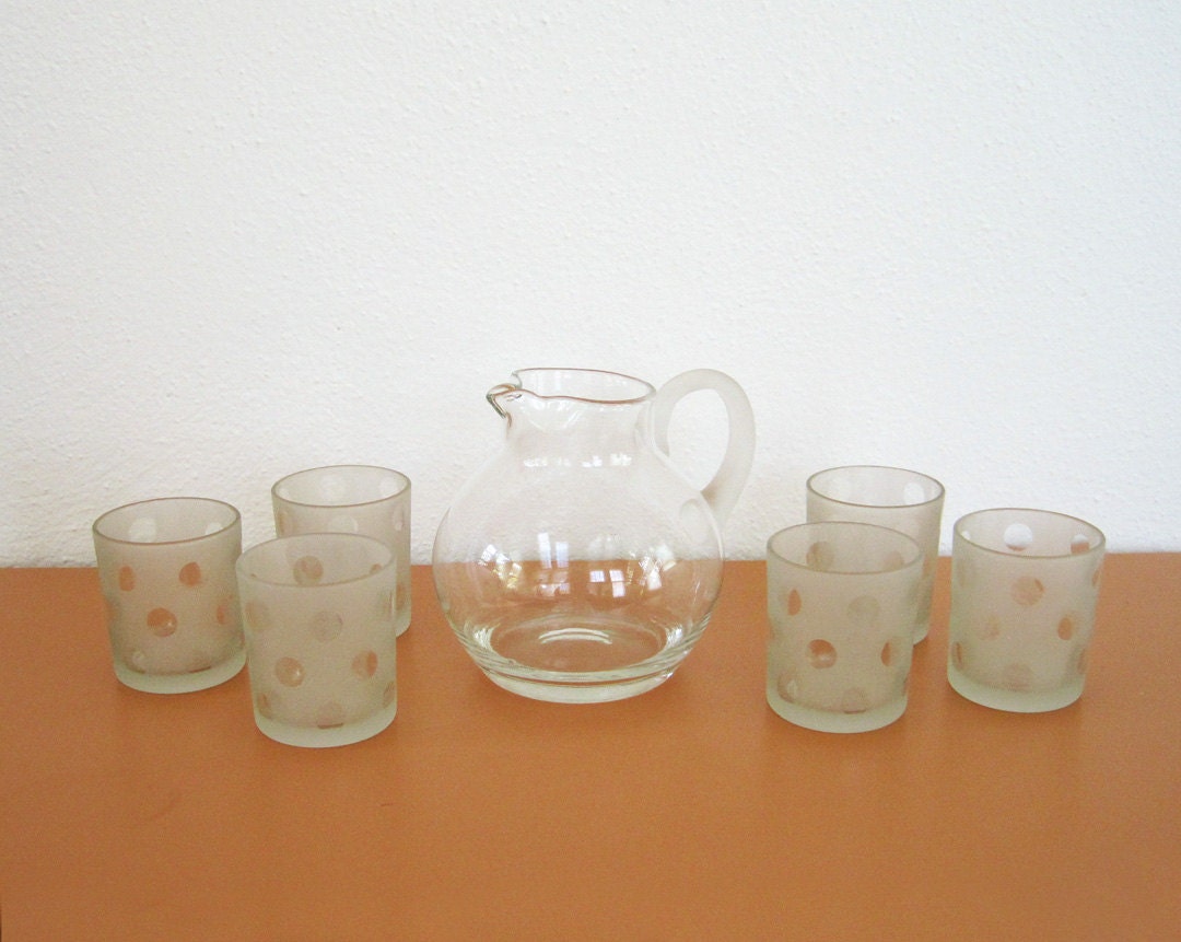 Frosted Glass Tumblers and Pitcher, Polka Dot Design, Set of Six ...