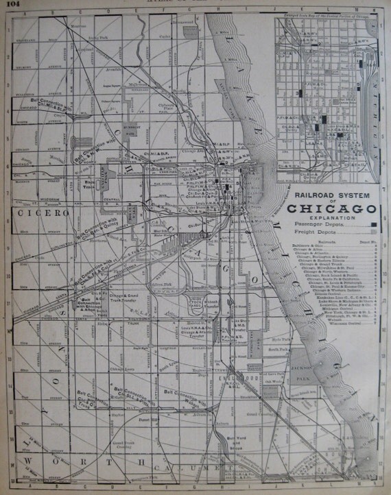 Antique CHICAGO Map w RAILROADS 1890 Beautiful by plaindealing