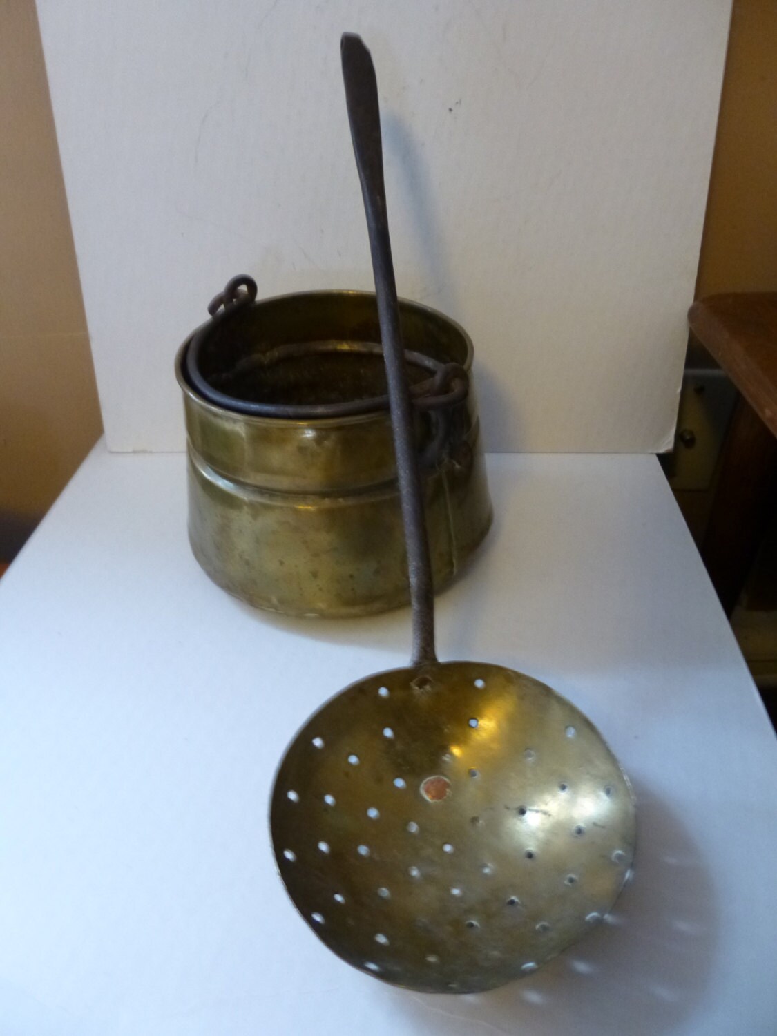 Wonderful copper pot with iron handle and copper strainer with iron ...