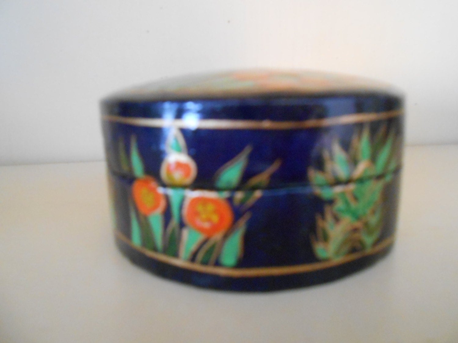 Vintage Hand Painted Black Lacquer Round Wooden Box Floral Design ...