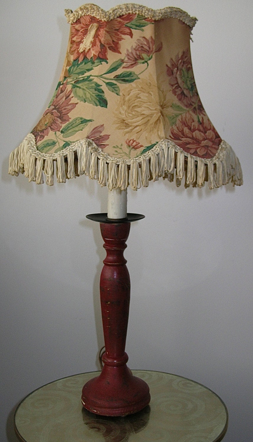 Vintage Red Scottish Candlestick Lamp with Antique Floral Fringed Shade ...