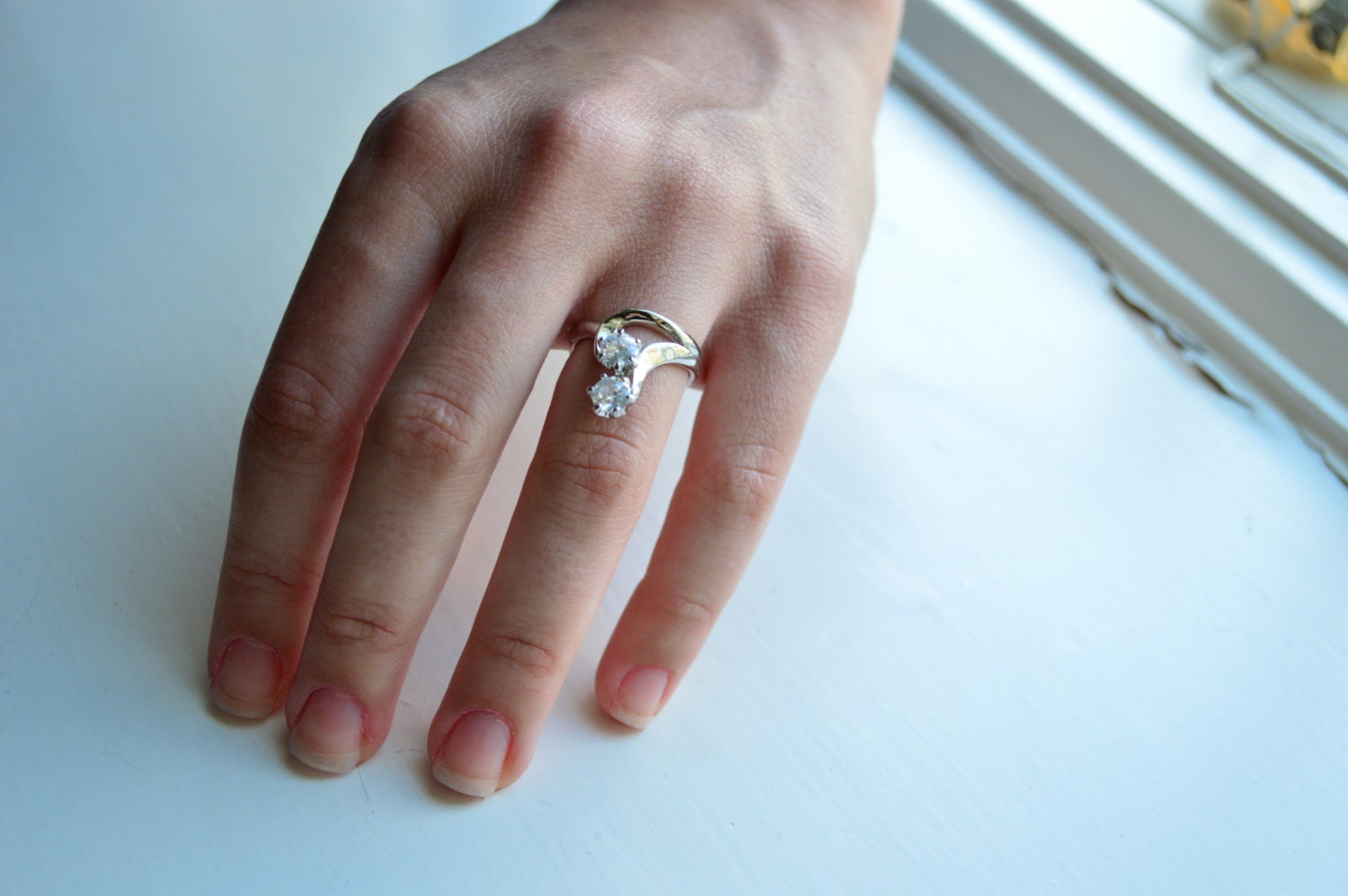 Silver Two Stone Ring Sterling Silver Ring Cubic Zirconia