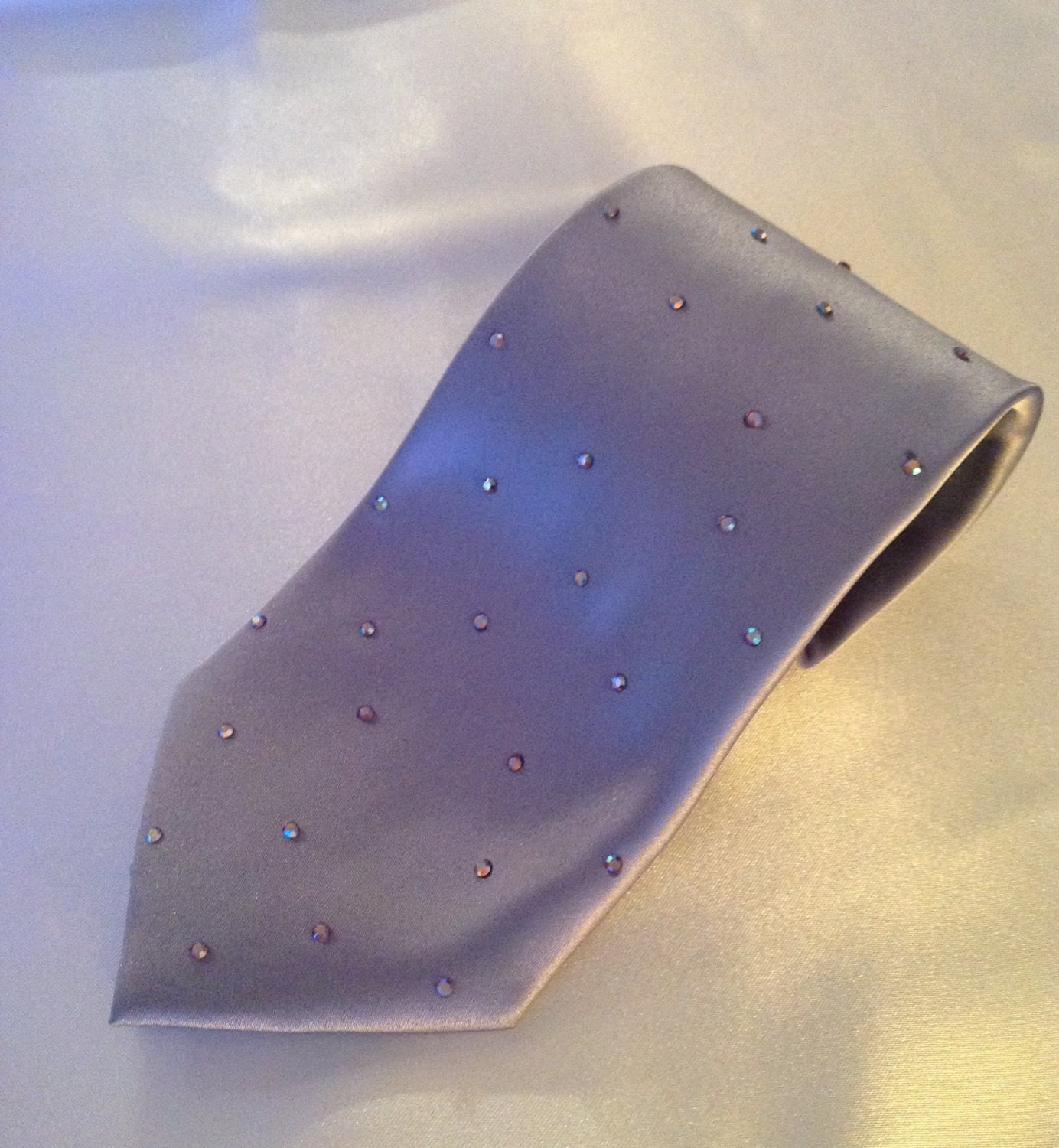 Metallic Silver Satin Bedazzled Neck Tie With Swarovski