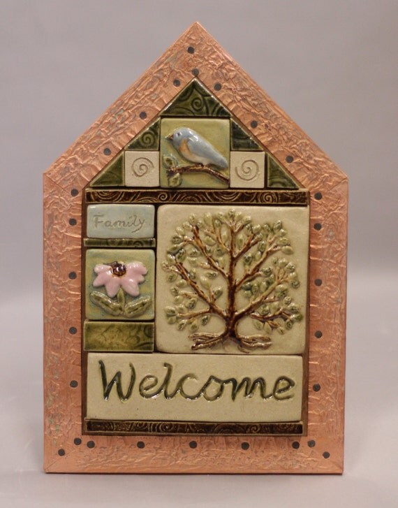 Items similar to Handmade ceramic house shaped welcome tile mural 8x12 ...