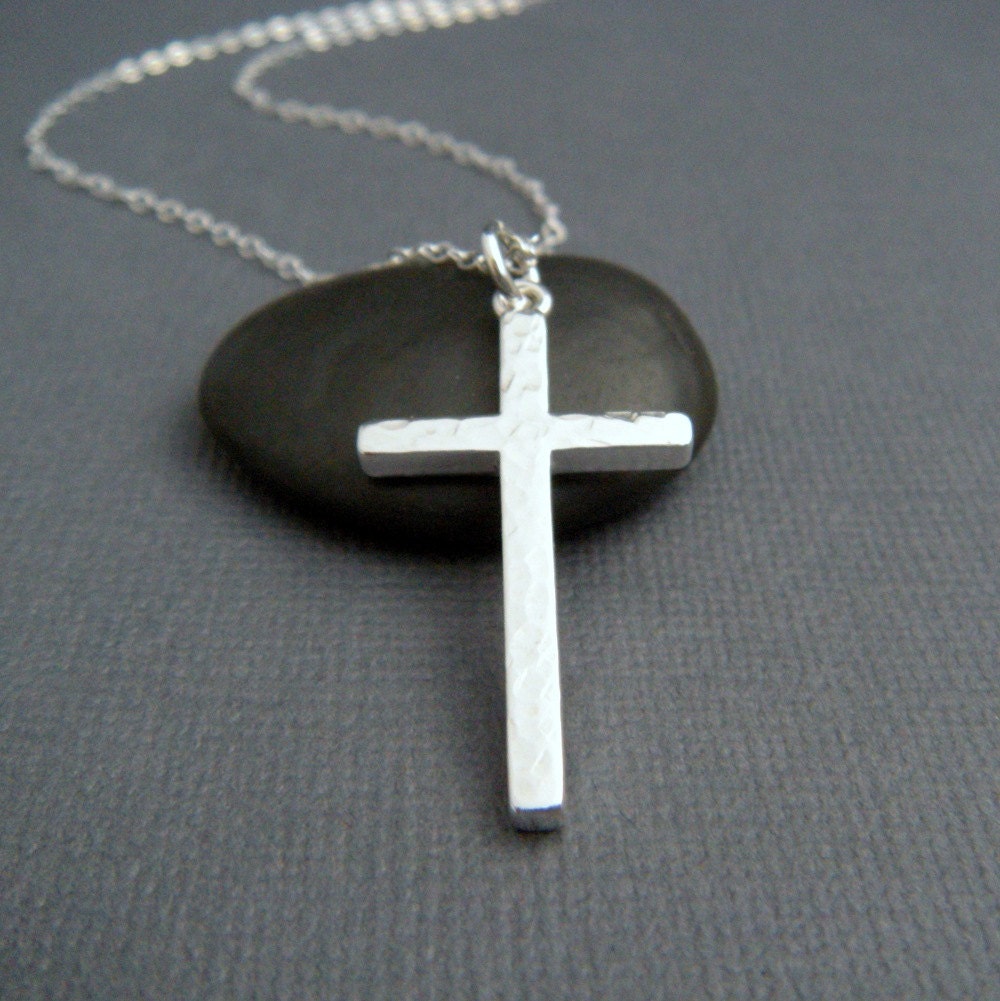 sterling silver cross necklace. LARGE. hammered modern cross