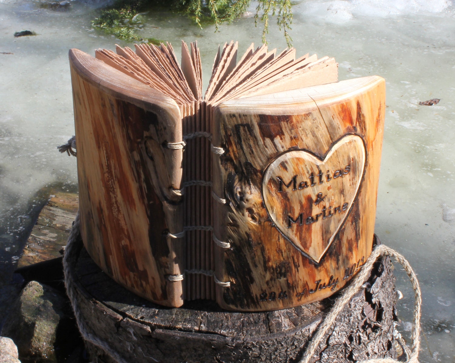 Rustic wood journal personalised with heart and names by crearting