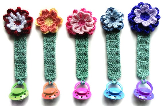 Pacifier Holder with Flowers PDF Crochet Pattern Instant