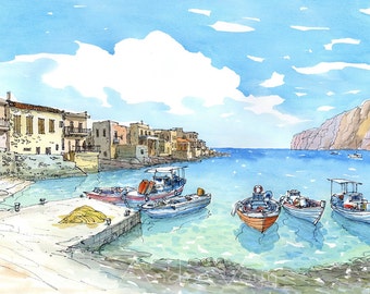 Paros Boat Greece art print from original watercolor by AndreVoyy