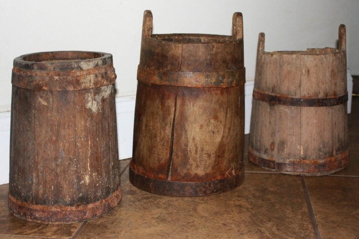 Antique Primitive Staved Wooden Buckets with Metal Bands
